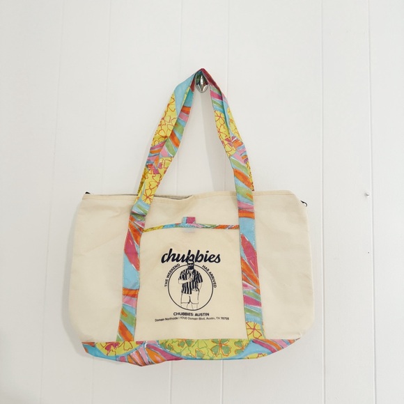 chubbies | Bags | Chubbies Cream Tote Bag Colorful Handles Insulated ...